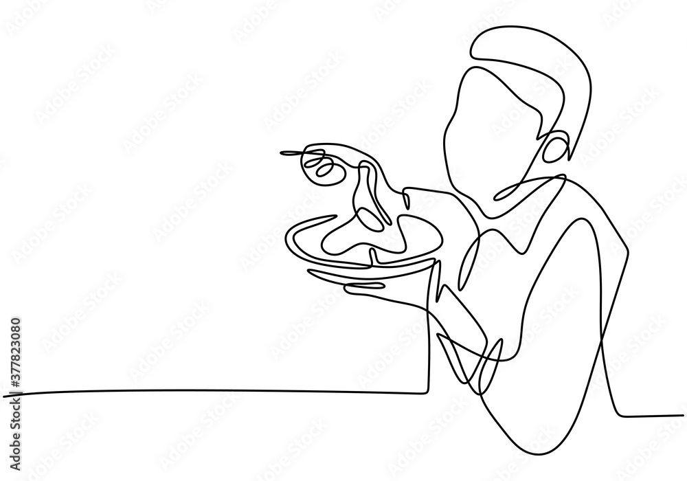 Continuous single line drawing of a boy eating. Teenager man sitting ...