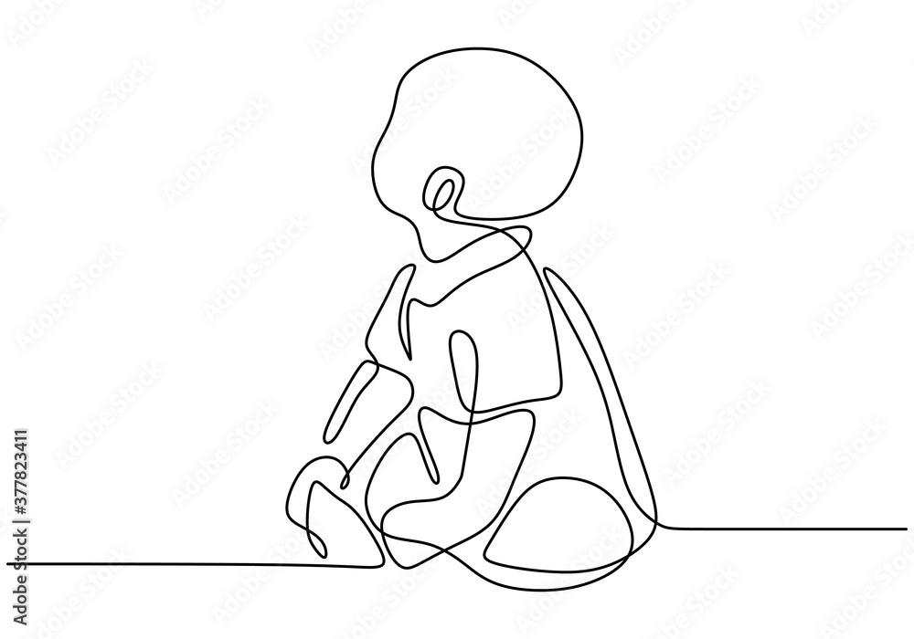 Continuous single drawn of cute baby is sitting on the floor. The baby ...