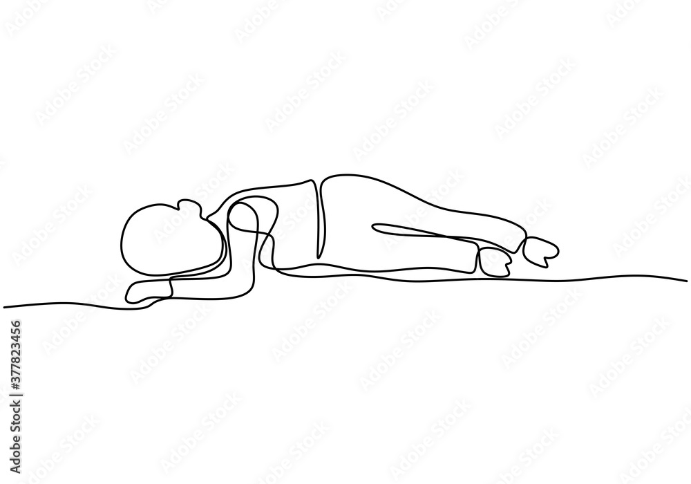 One continuous line drawing illustration of a boy is sleeping on the ...