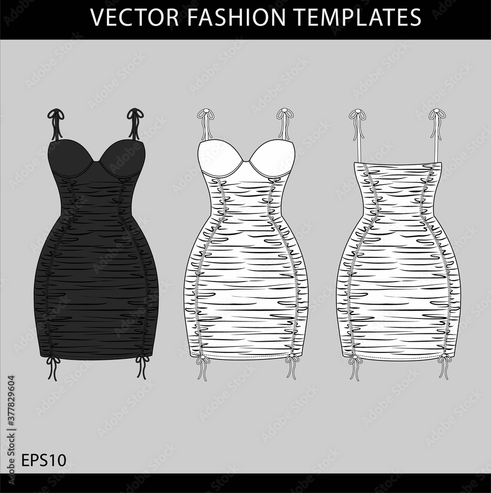 mini dress fashion flat sketch template, ruched mini dress front and ...