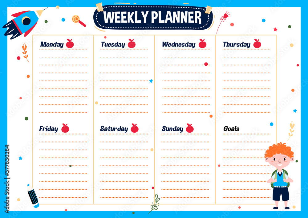 Vetor de Printable Weekly Planner for kids. School timetable for ...