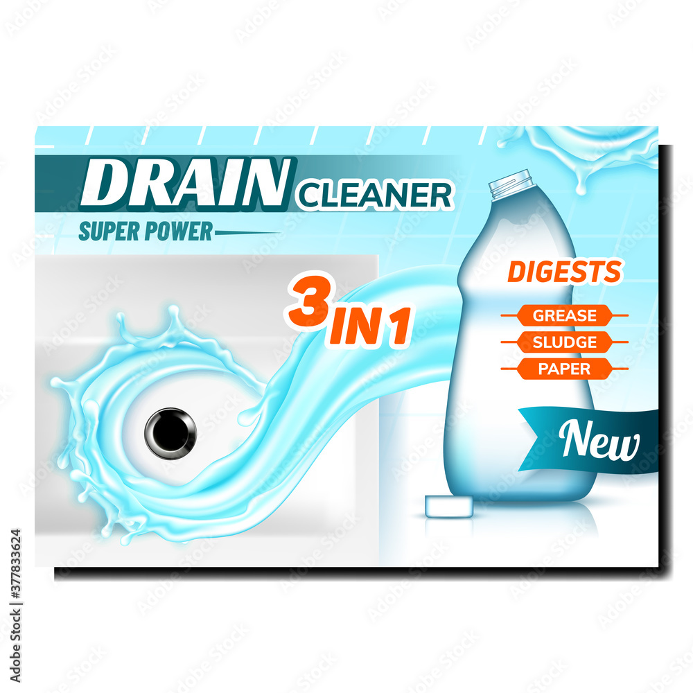 Drain Cleaner Super Power Promo Banner Vector. Drain Clean Blank Bottle ...