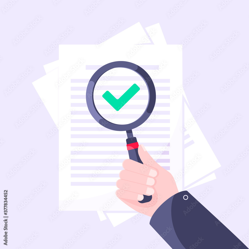 Document verification concept with hand and magnifier, paper sheets and ...