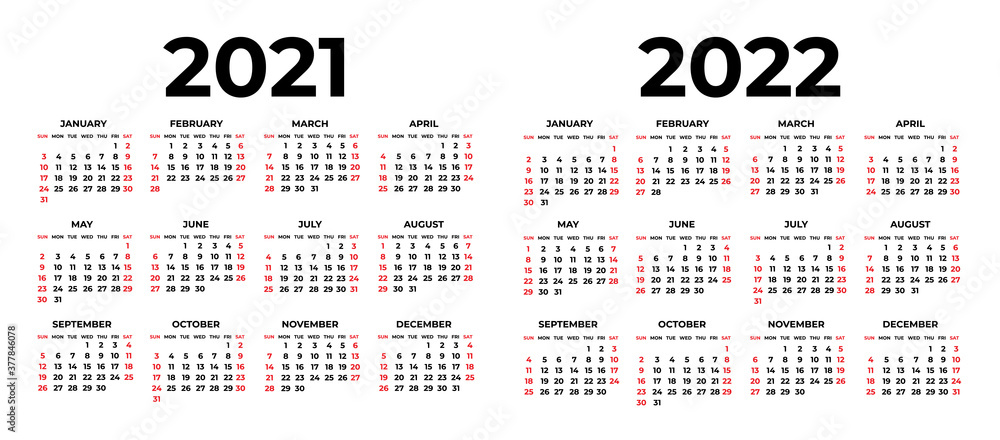 Calendar for 2021 and 2022 on white background Stock Vector | Adobe Stock