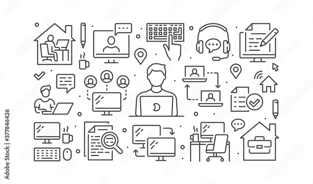 Work from home concept with line icons. Vector horizontal illustration ...