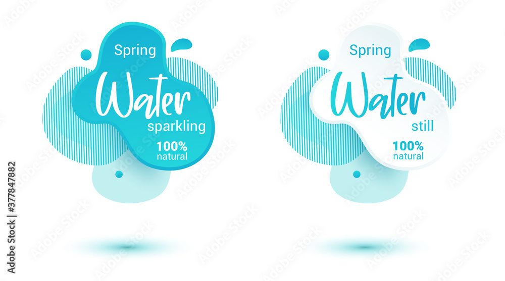 Mineral water tag. Blue label and stikers emblem with drops of water ...