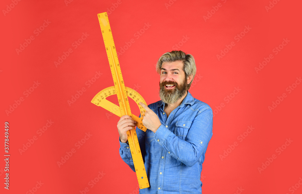 Bearded man use ruler. Education concept. Study hard. Measurement tool ...