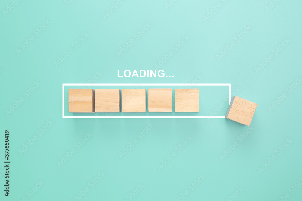 Showing loading bar with wood cube on pastel background. Progress bar ...