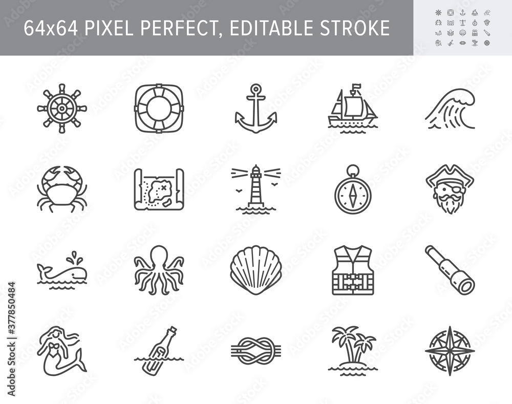 Marine line icons. Vector illustration included icon as anchor, sea ...