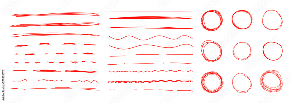 Vector Set of Red Colorful Underline Strokes and Circles, Hand Drawn ...