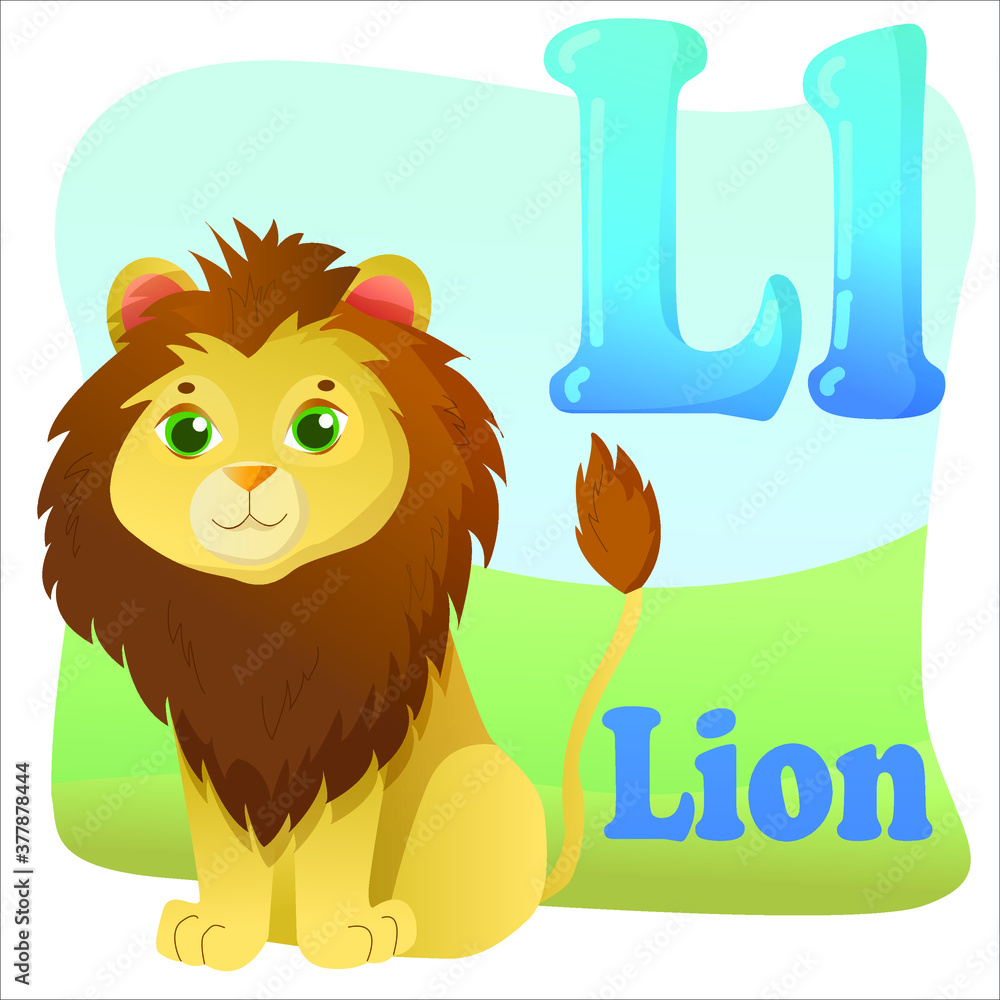 Letter L, a cute lion cub with a fluffy brown mane drawn in cartoon ...