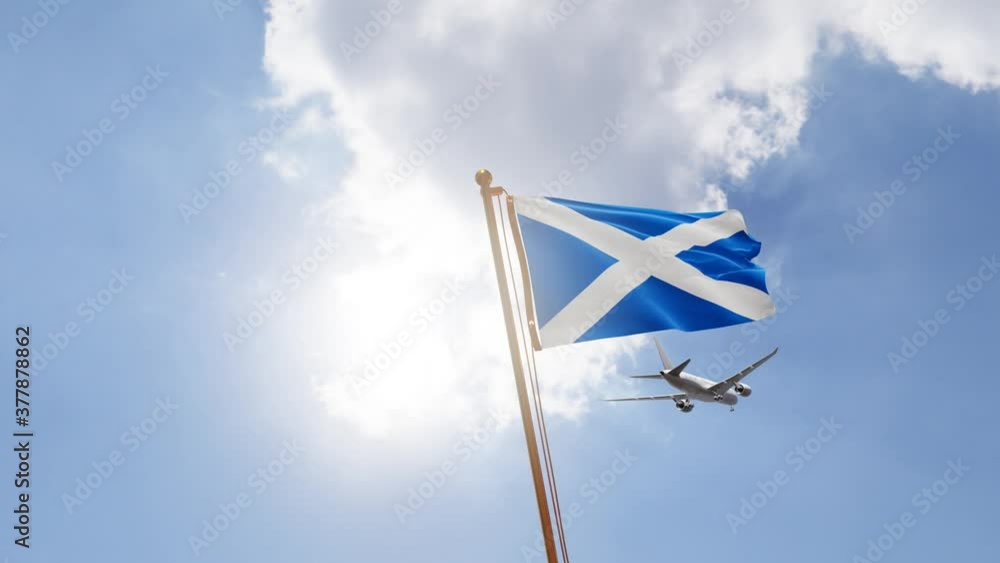 Flag of Scotland Waving with Airplane arriving or departing, Realistic ...