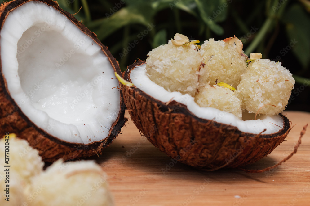 Popular Indian sweet Kopara pak or Coconut barfi made up of Coconut ...
