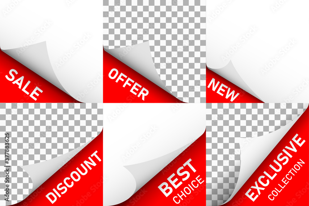 Page with offer. Paper advertising with curl on corner. Discount label ...