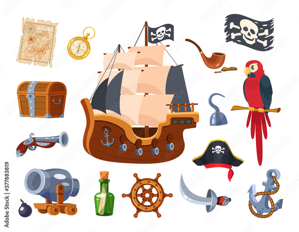 Adventure pirate set. Pirate ship equipment, treasure map and box ...