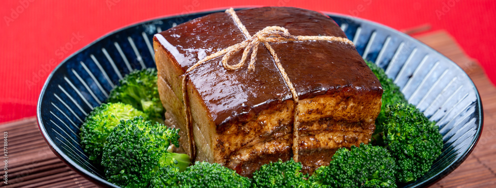 Dong Po Rou (Dongpo pork meat) in a beautiful blue plate with green ...