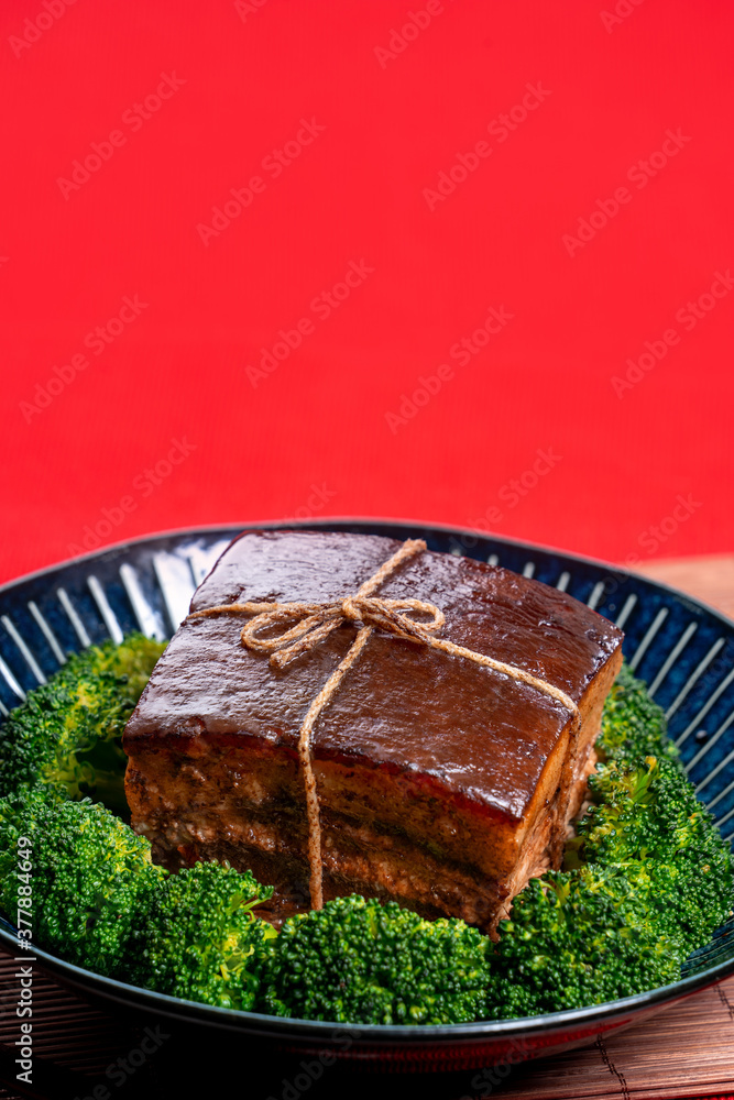 Dong Po Rou (Dongpo pork meat) in a beautiful blue plate with green ...