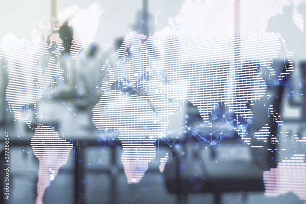 Abstract creative digital world map on a modern furnished classroom ...