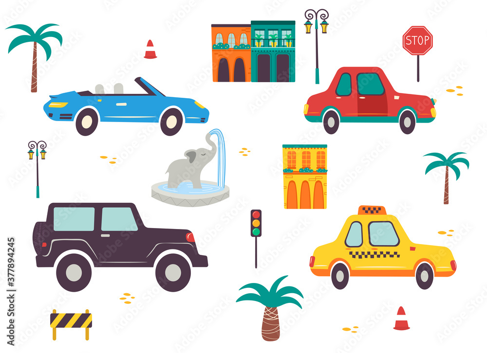 Funny kids transport set with road signs. Cars and vehicles cartoon ...