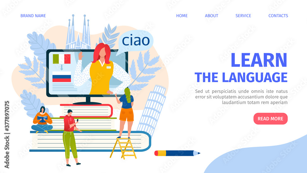 Learn language landing web page design template for distance education ...