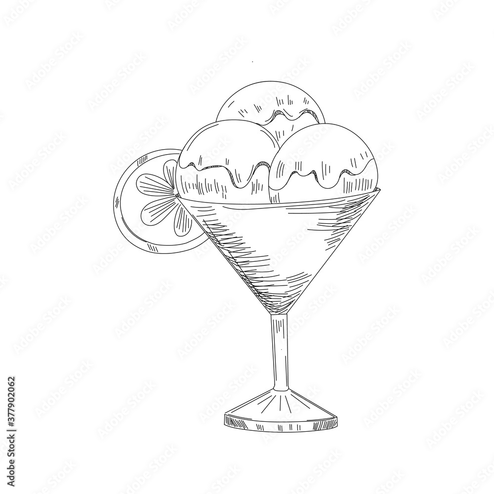Ice cream sketch. Isolated vector ice cream scoops in glass bowl ...