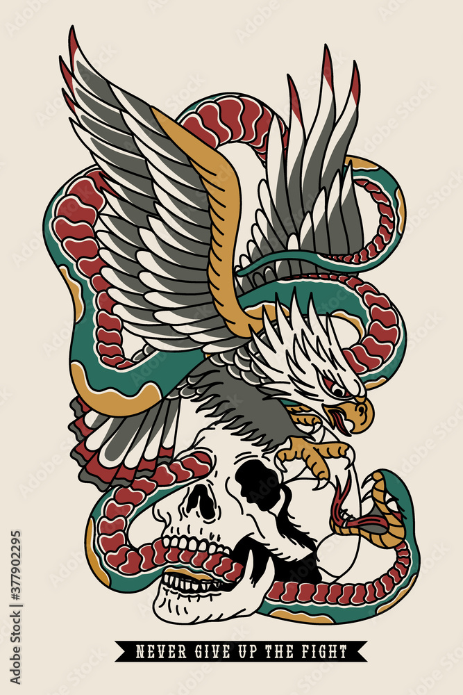 Eagle Fighting with Snake on a Skull Traditional Tattoo Style ...
