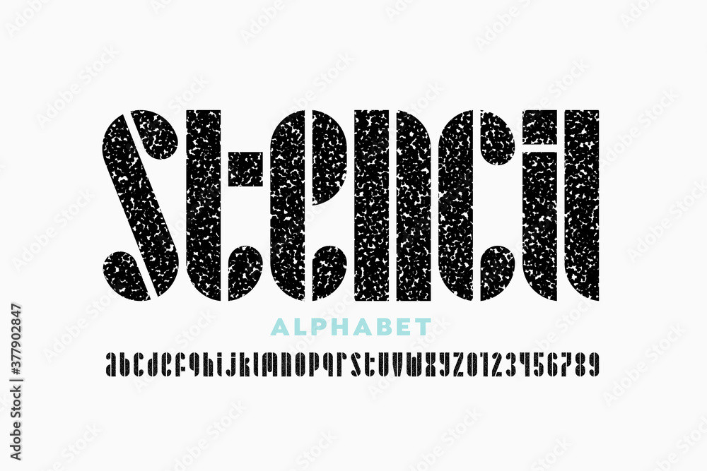 Stencil style font, alphabet letters and numbers vector illustration ...
