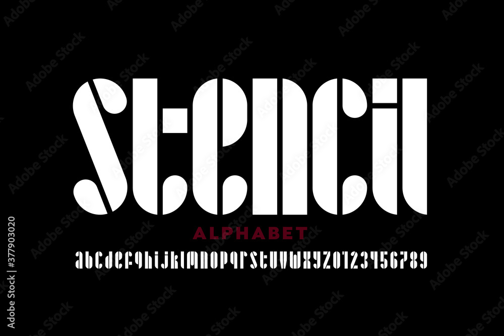 Stencil style font, alphabet letters and numbers vector illustration ...