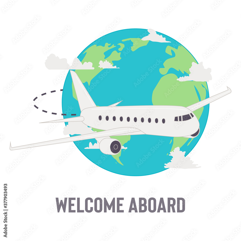 welcome aboard design with plane and planet vector illustration cartoon ...
