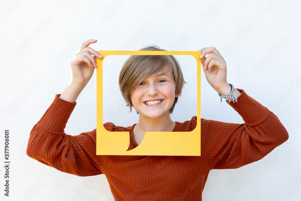 Happy Caucasian Tween Girl Giving Positive Feedback in a Yellow Speech ...