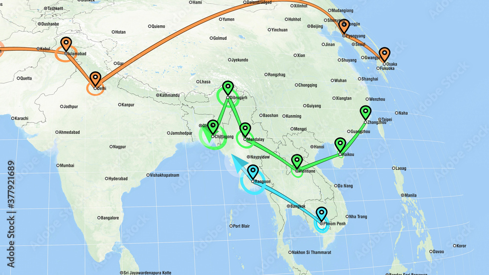 Localization, GPS Navigation, Traveling, Pathfinding over Asia. Global ...