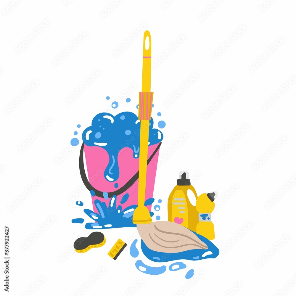 Cleaning supplies. Mop washes the floor, bucket with foam and water ...