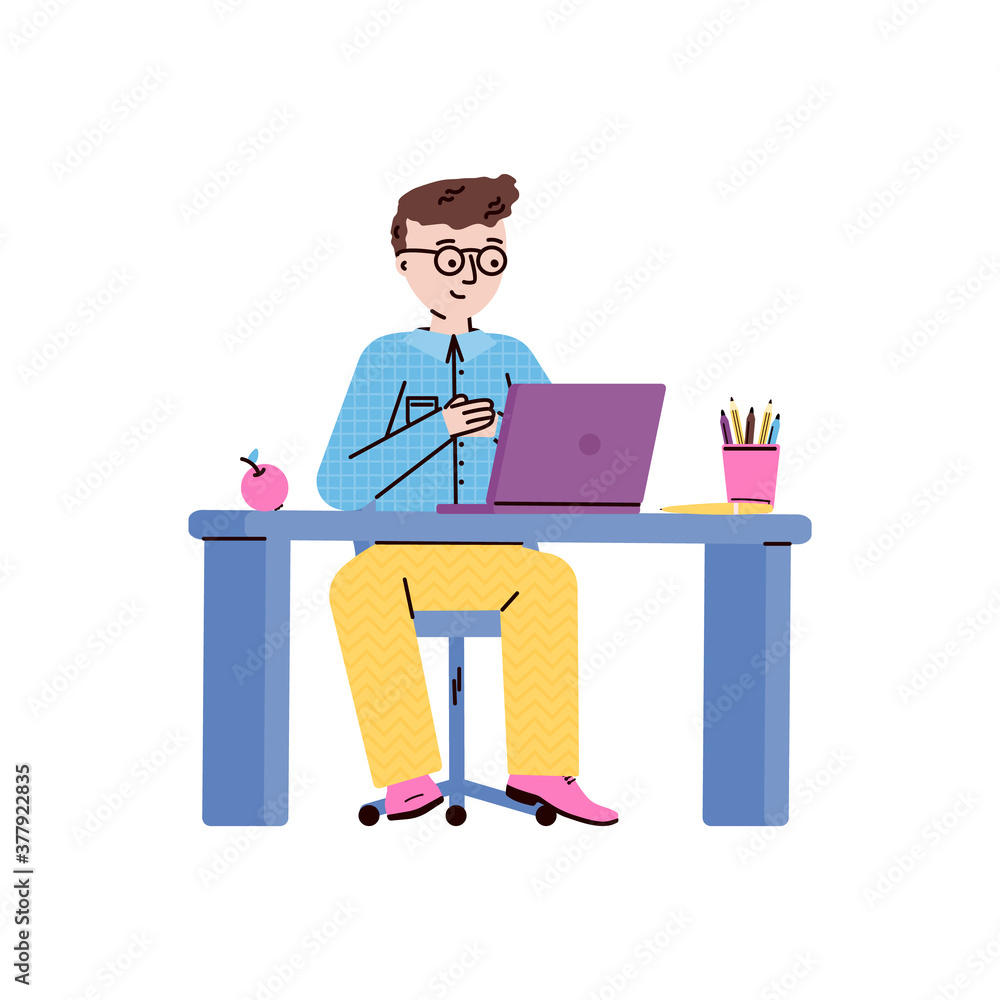 Cartoon boy using laptop. Child sitting behind school desk and learning ...