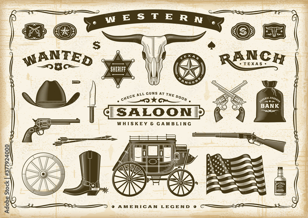 Vintage Old Western Set. Editable EPS10 vector illustration in retro ...
