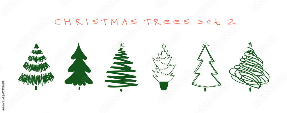 Set of hand drawn doodle Christmas trees. Vector illustration ...