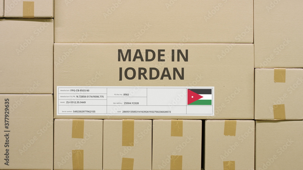 MADE IN JORDAN text and flag label on the carton in a storage Stock ...
