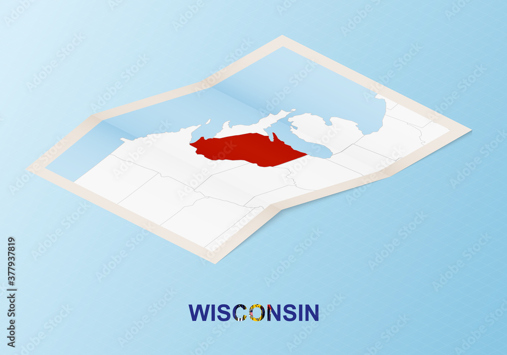 Folded paper map of Wisconsin with neighboring countries in isometric ...