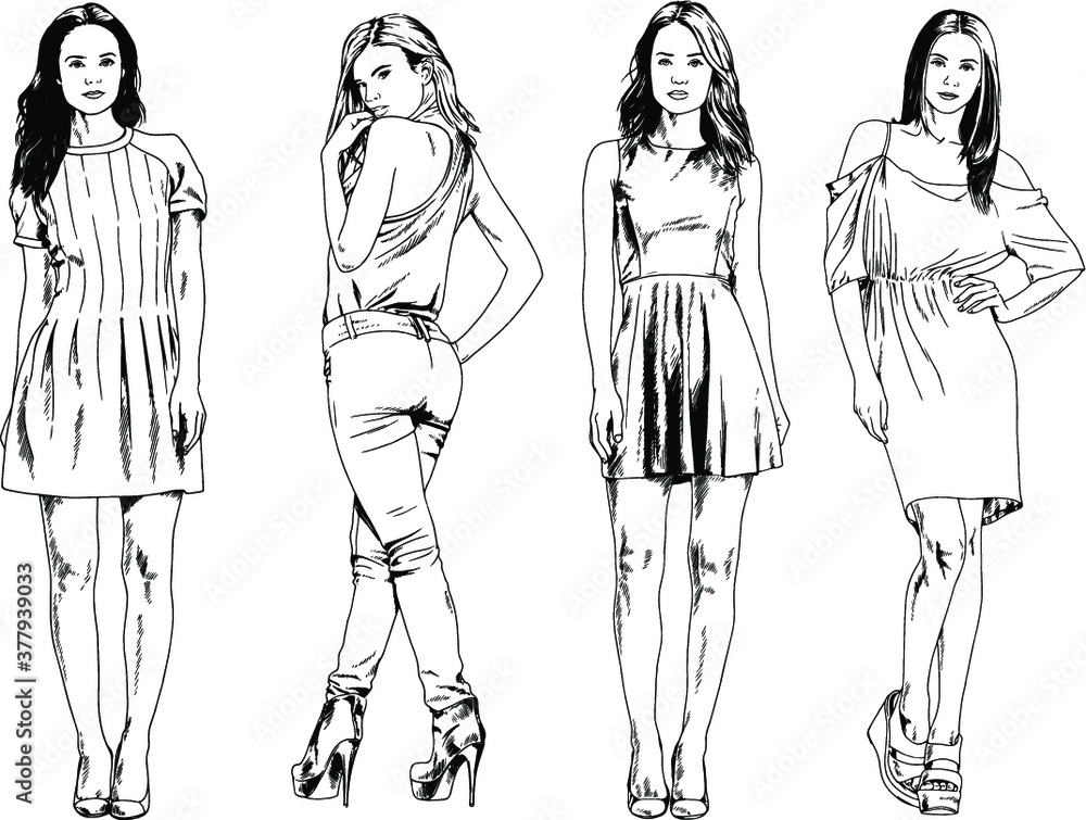 vector drawings on the theme of beautiful slim sporty girl in casual ...