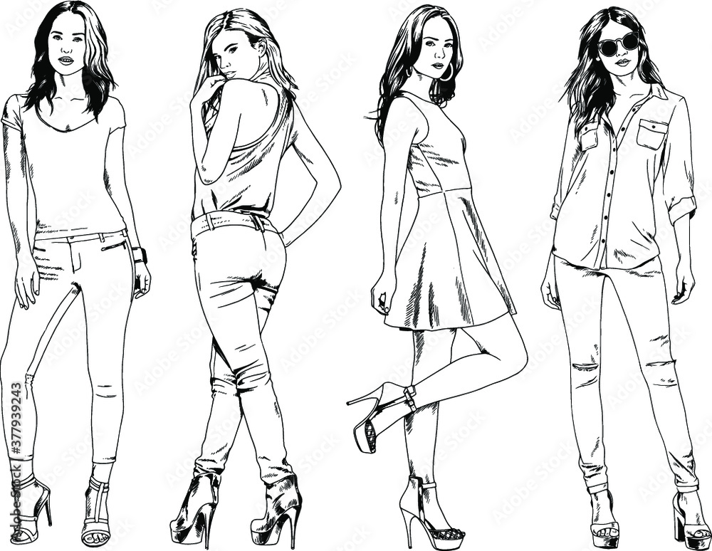 vector drawings on the theme of beautiful slim sporty girl in casual ...