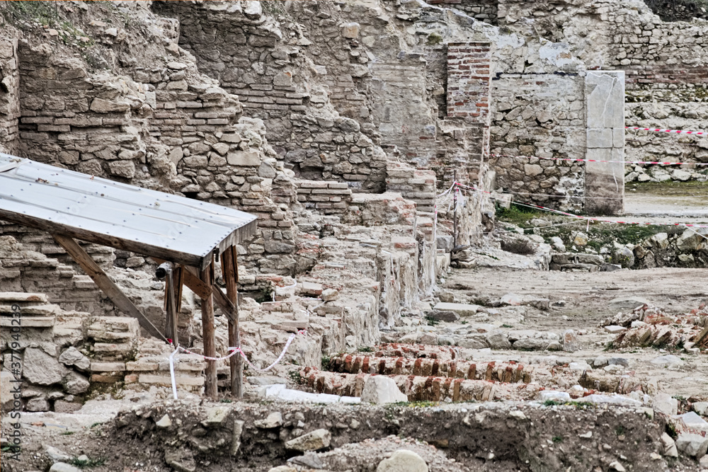 Stone walls at archaeological site of the ancient town of Heraclea ...
