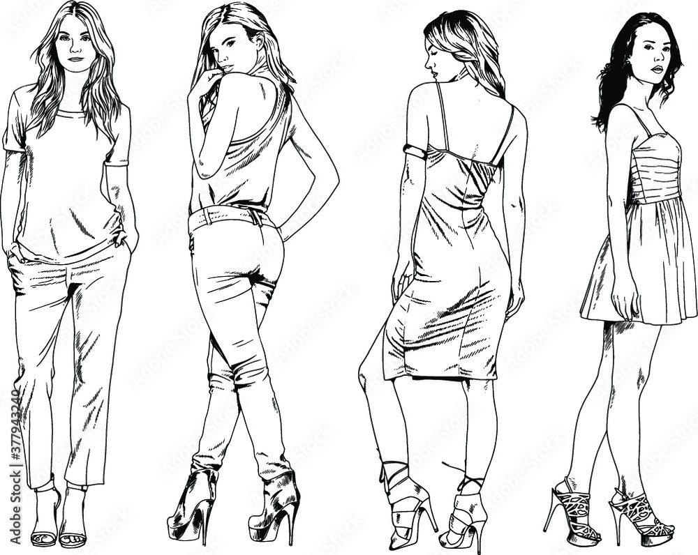 vector drawings on the theme of beautiful slim sporty girl in casual ...