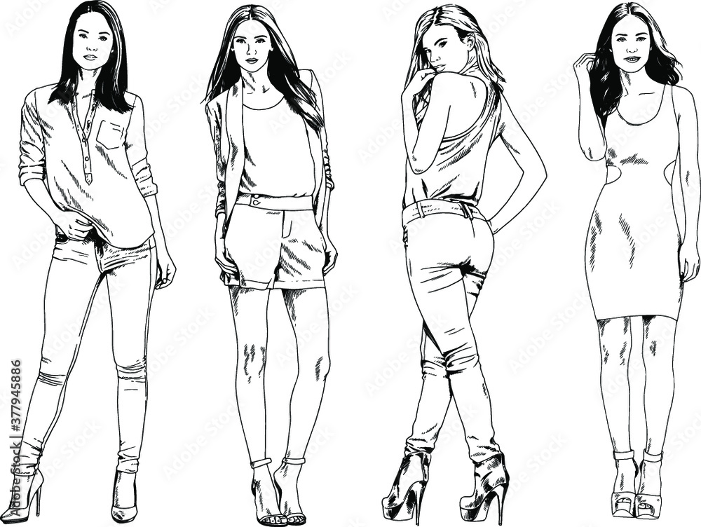 vector drawings on the theme of beautiful slim sporty girl in casual ...