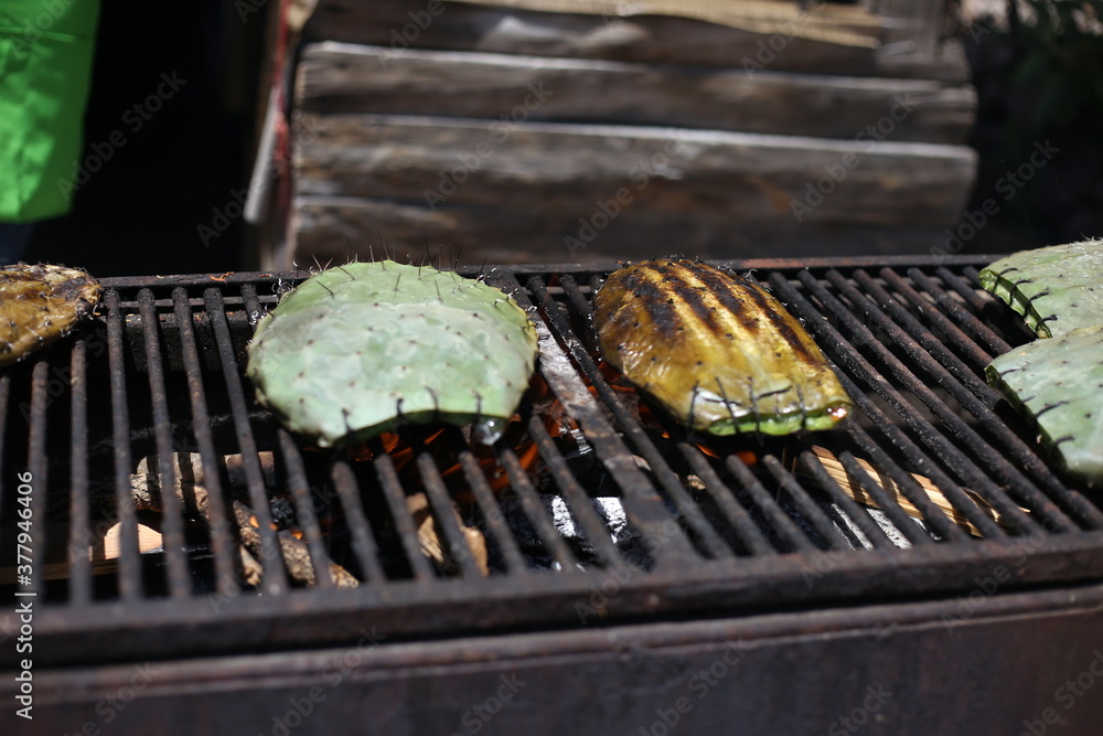 Penca de nopal asandose para comer en mexico, fuego Stock Photo | Adobe ...