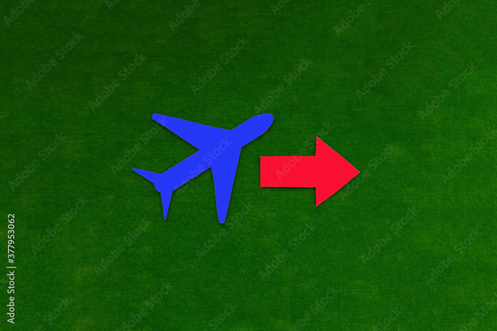 The plane is blue, with a red arrow pointing to the right on a green ...