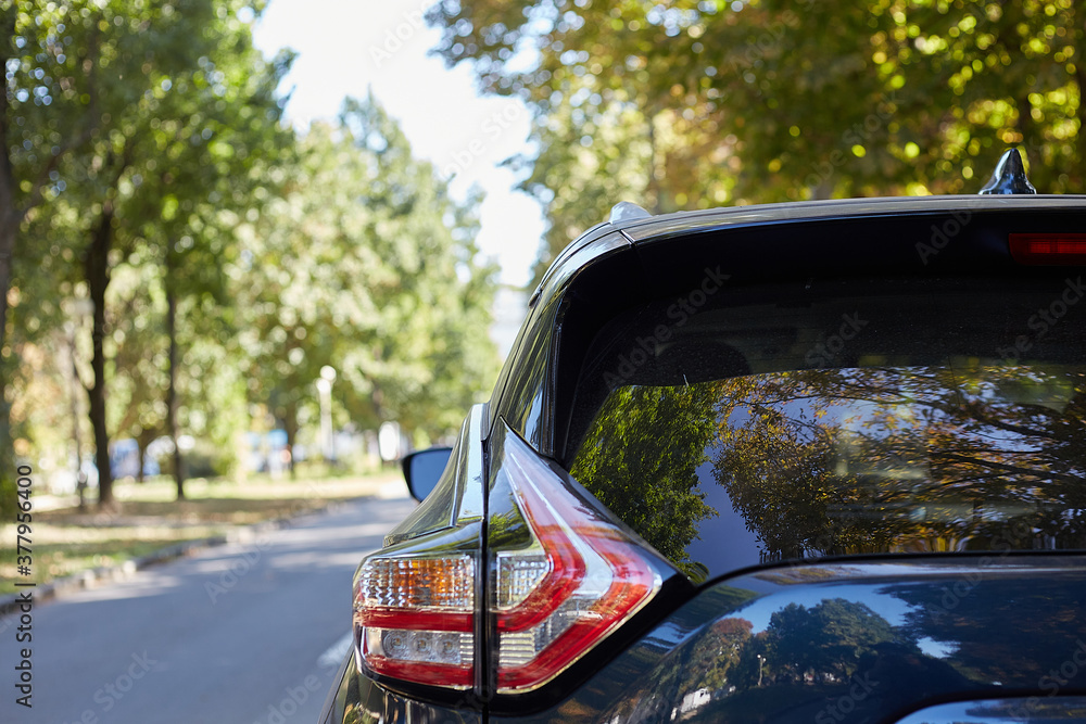 Back window of blue car parked on the street in summer sunny day, rear ...