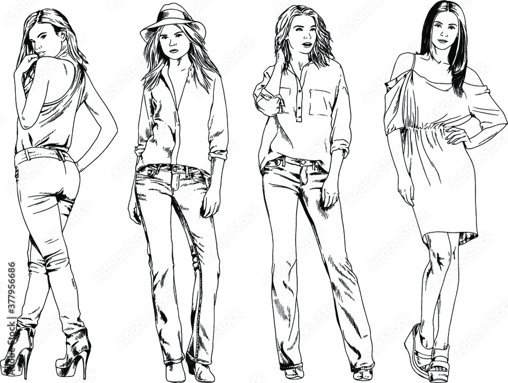 vector drawings on the theme of beautiful slim sporty girl in casual ...