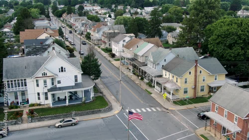 Establishing shot, aerial of Anytown USA, small town in America with ...
