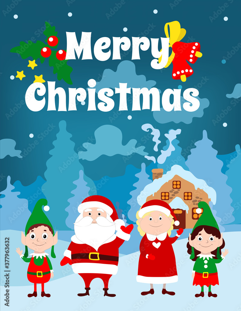 Santa Claus, Mrs. Santa and little pretty elves are standing in front ...
