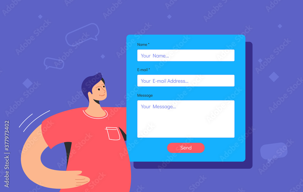 Contact and feedback blank form. Flat teenage man standing alone and looking at website contact ...