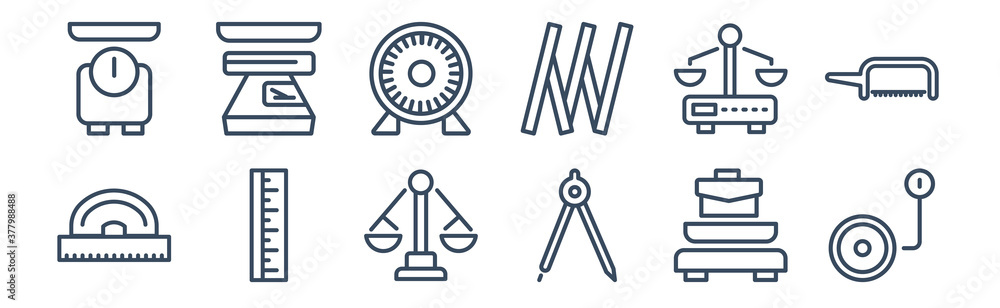 12 pack of icons. thin outline icons such as wheel meter, open compass ...